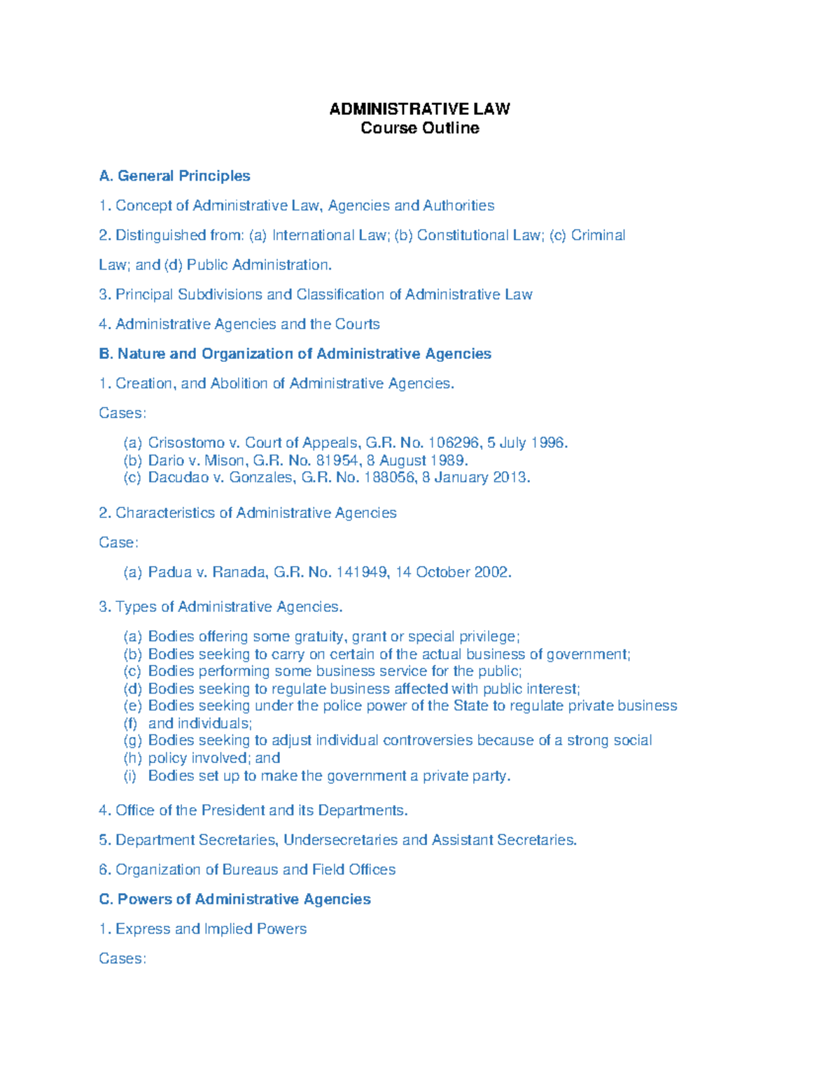 Administrative LAW Course Outline - ADMINISTRATIVE LAW Course Outline A ...