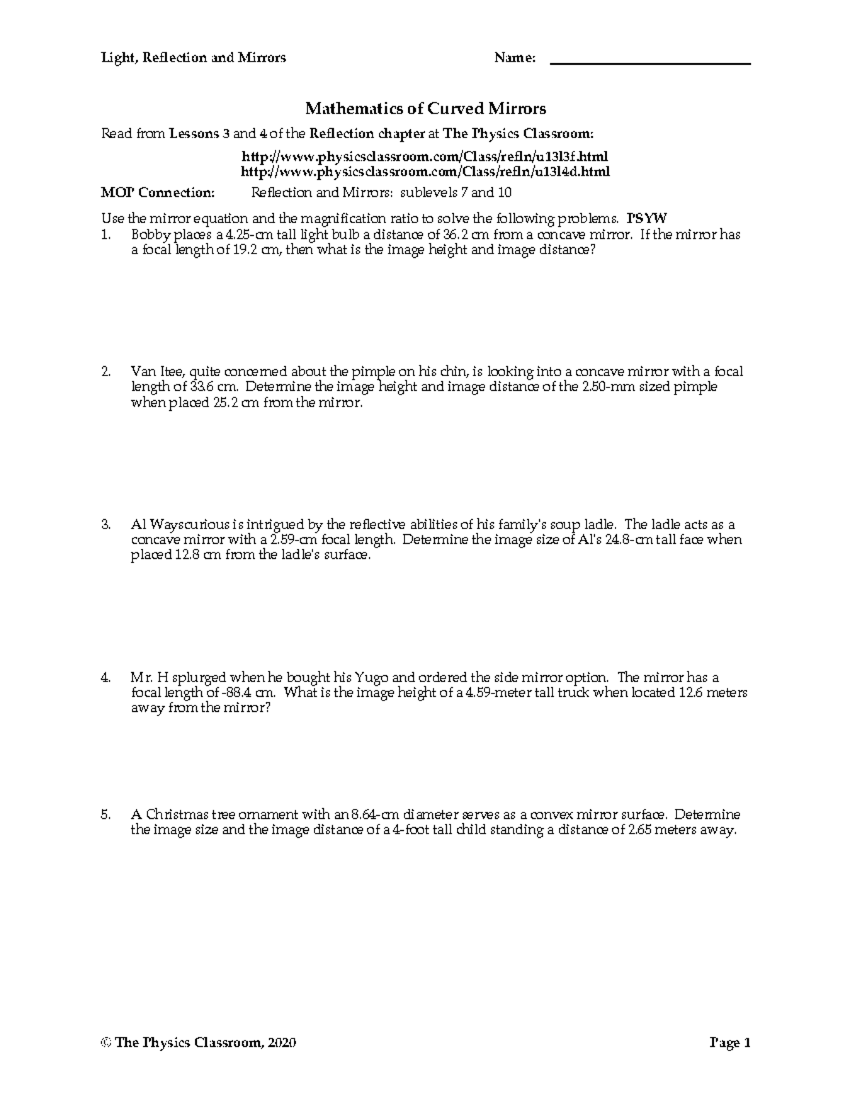 Refln 9 - worksheet sci physics 10 - Light, Reflection and Mirrors Name ...