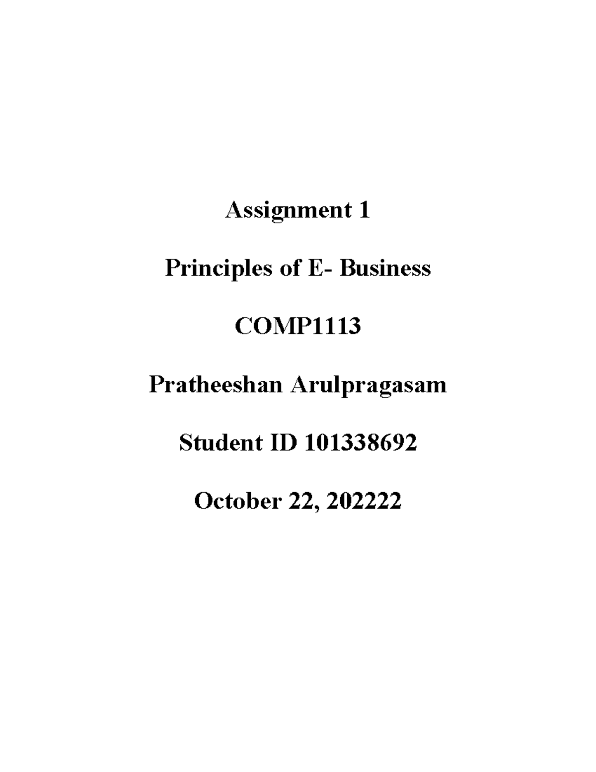 E business Assignment - Assignment 1 Principles of E- Business COMP Pratheeshan Arulpragasam ...