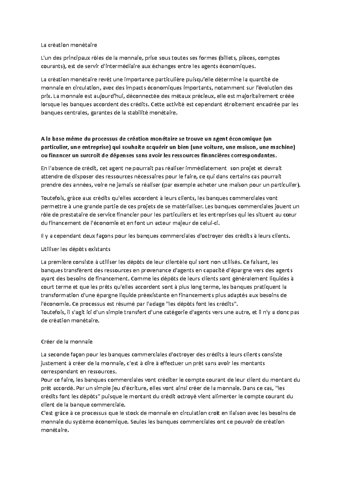 La création monétaire - fiche de cours - La création monétaire L'un des ...