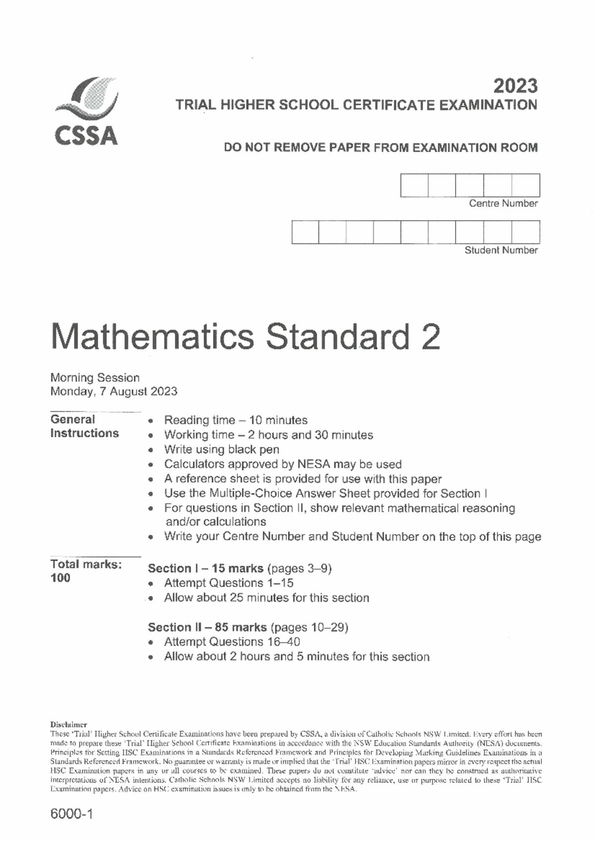 CSSA Mathematics Standard - 2023 TRIAL HIGHER SCHOOL CERTIFICATE EXAMINATION CSSA DO NOT REMOVE ...