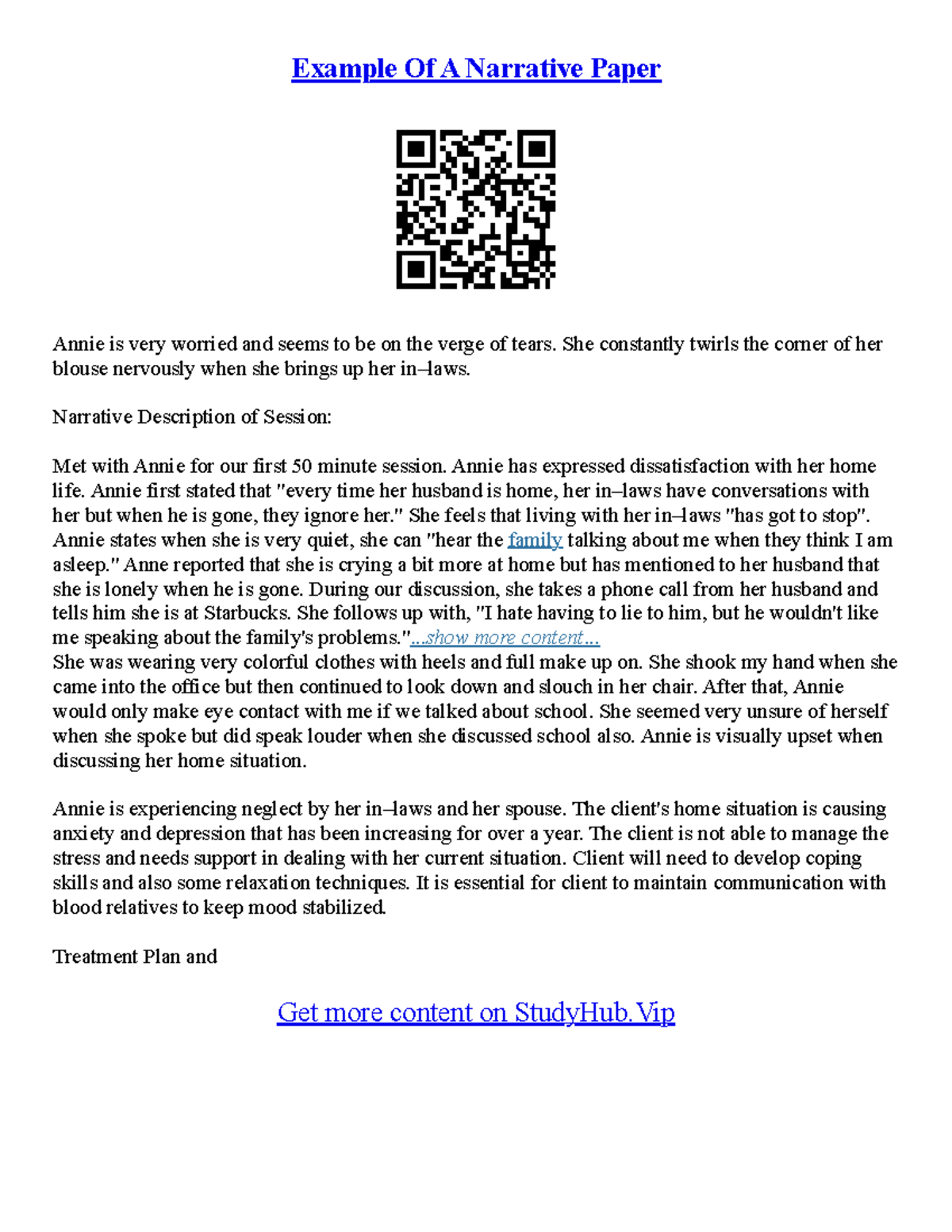 Narrative Essay Sample Papers - Example Of A Narrative Paper Annie is ...