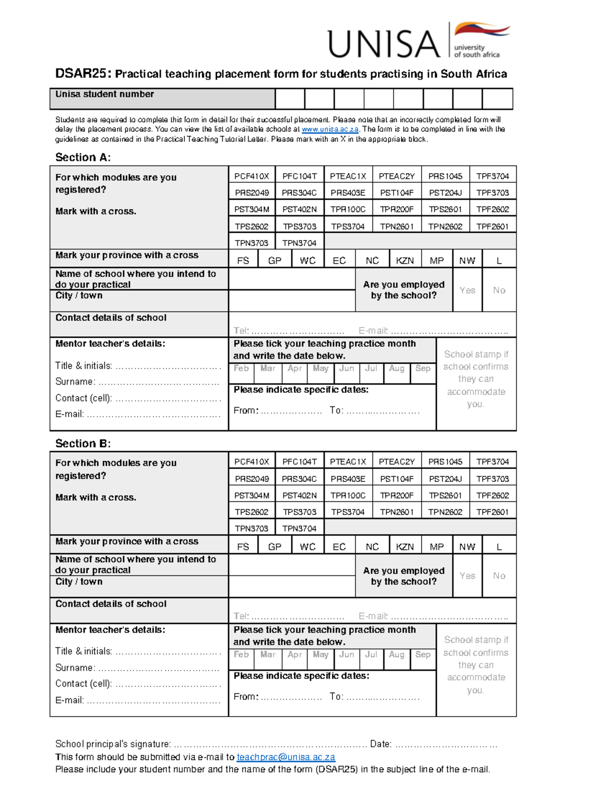 Unisa-DSAR25 - Dsr25 - DSAR25: Practical teaching placement form for ...