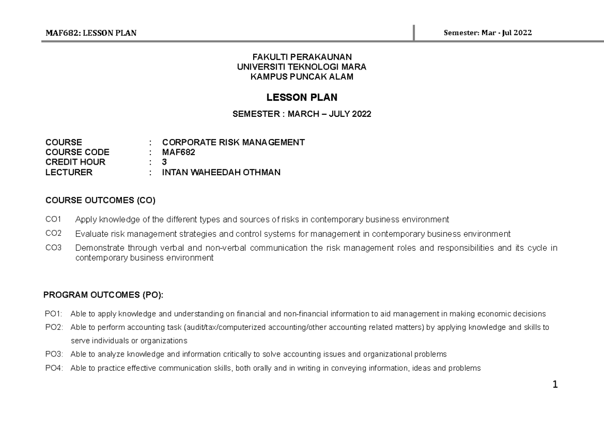 2. MAF682 Lesson Plan - Mar 2022 - FAKULTI PERAKAUNAN UNIVERSITI ...