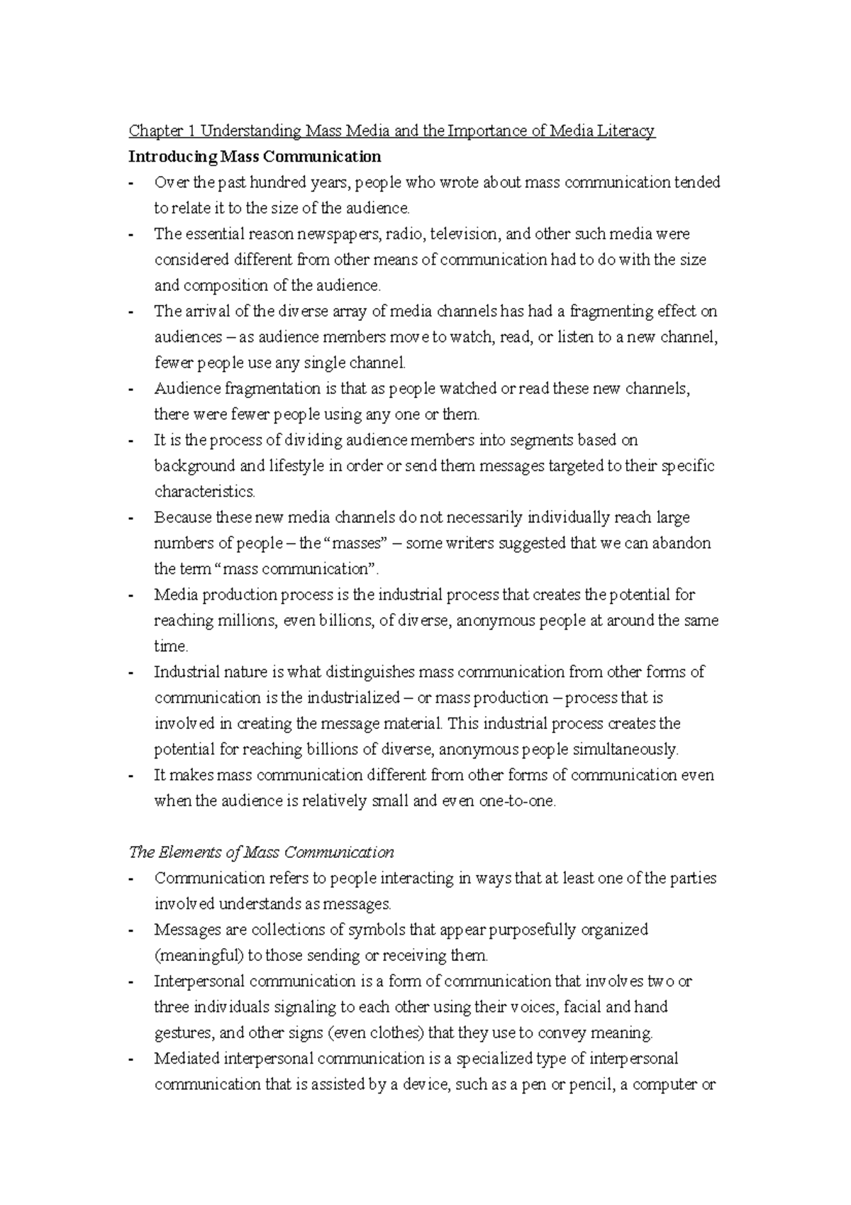 Chapter 1 Lecture Notes - Chapter 1 Understanding Mass Media and the ...