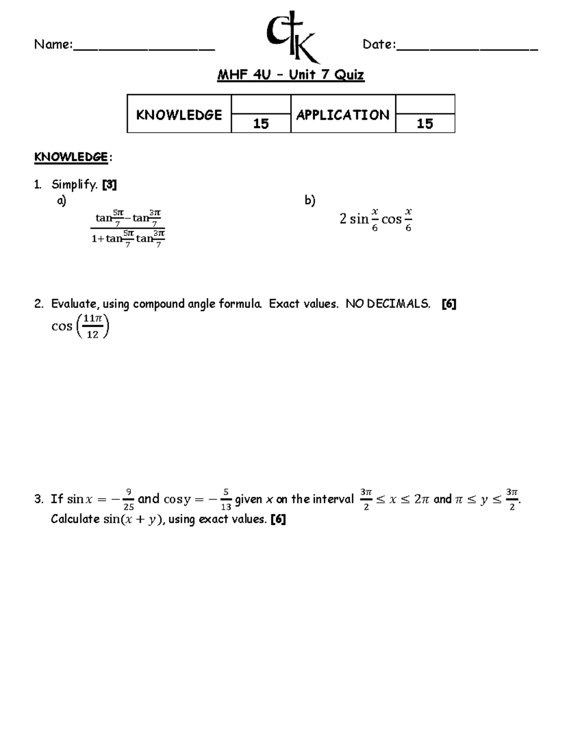 Review QUIZ - Unit 7 - math - Name:_________________ Date ...