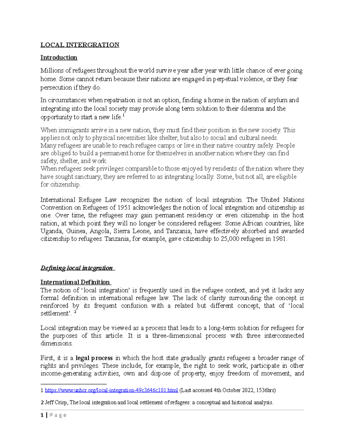 Local Integration OF Refugees CAT 1 - LOCAL INTERGRATION Introduction ...