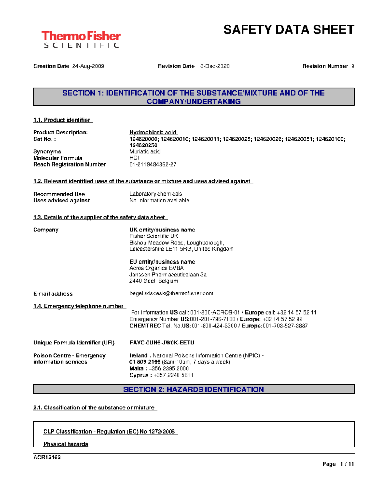 1LT Hydrochloric acid pure fuming 37 solutionin water - Creation Date ...