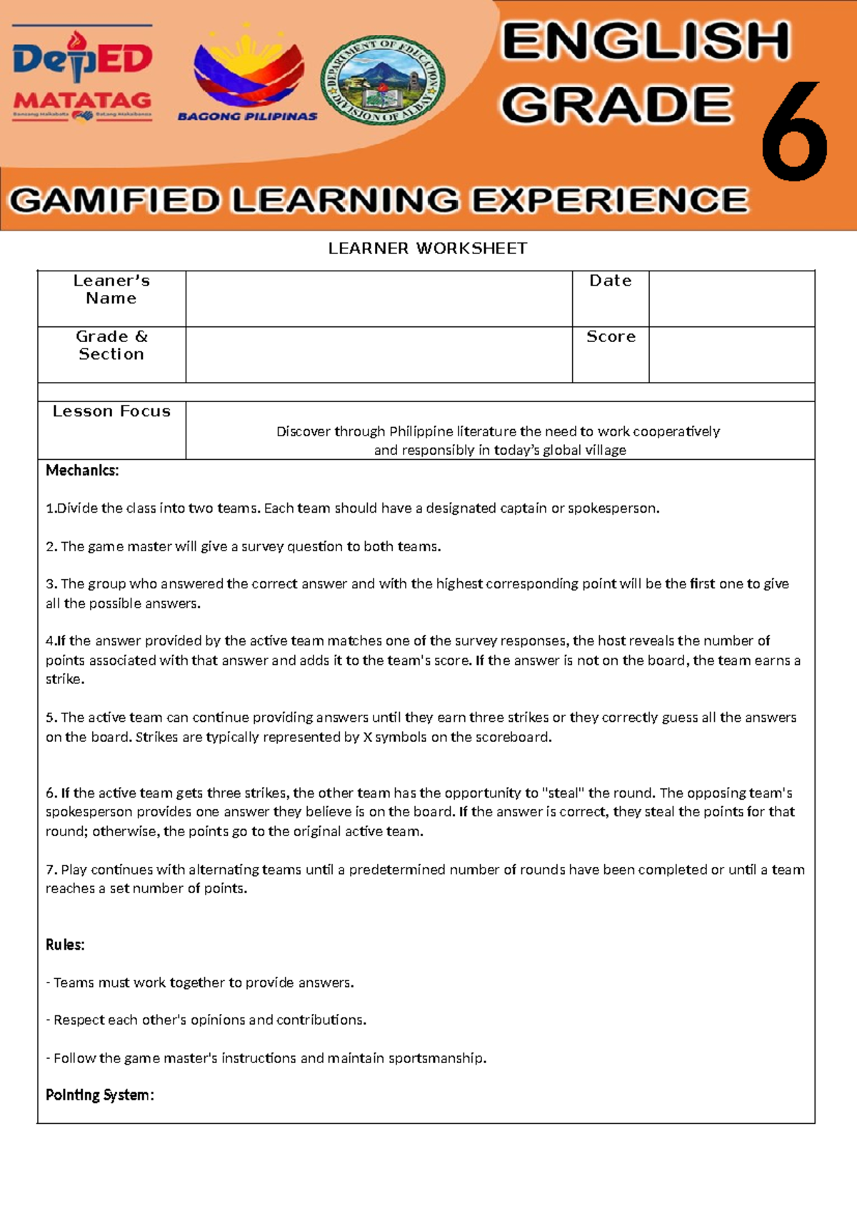 Englsih GLE- Worksheet- Template - 6 LEARNER WORKSHEET Leaner’s Name ...