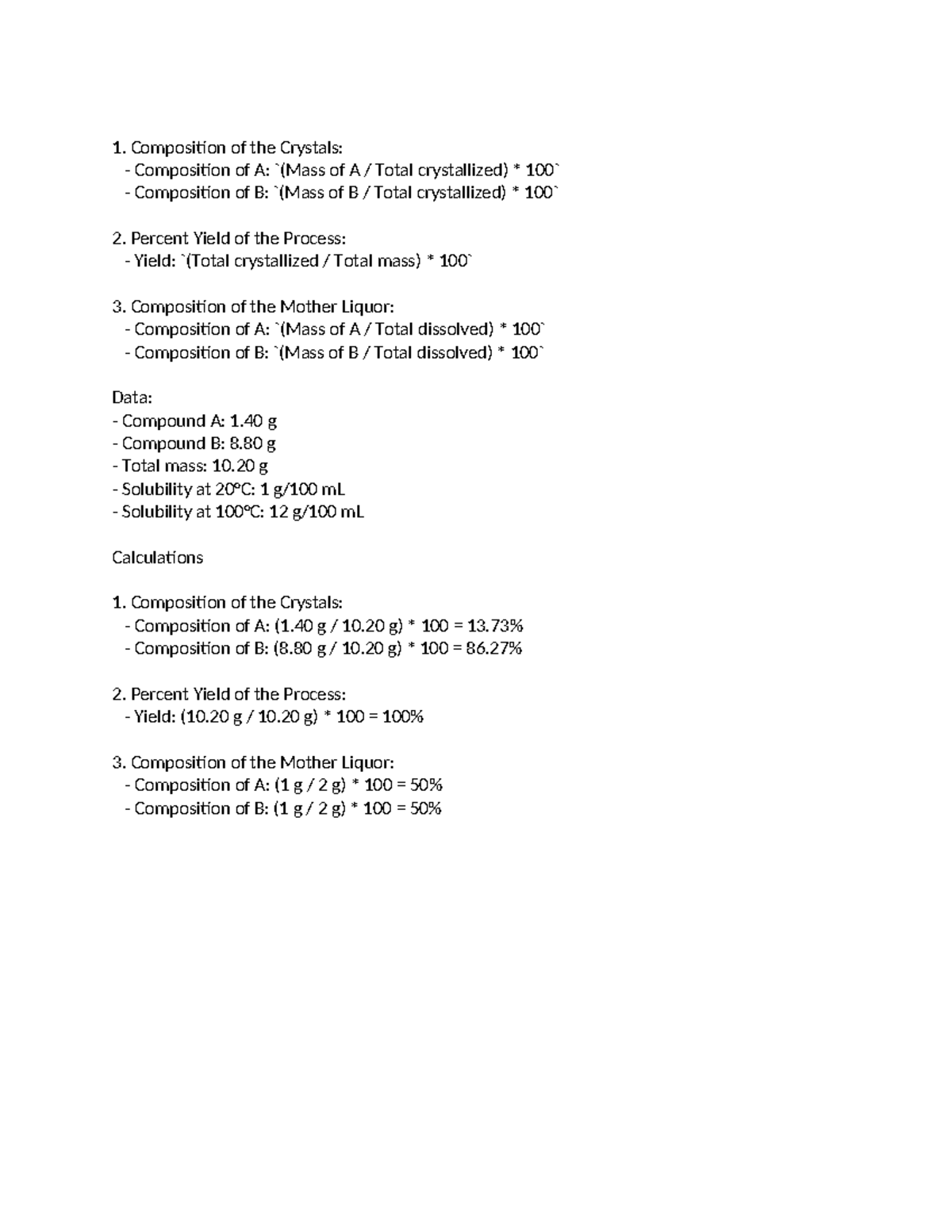 Calculations Lab 2 - Lab - Composition of the Crystals: Composition of A: (Mass of A / Total ...