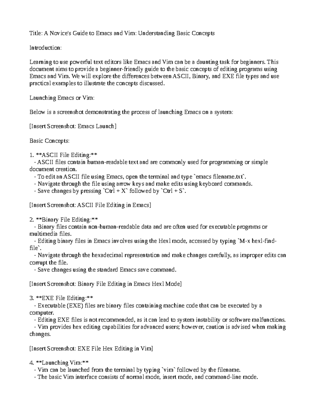 Assignment week 4 - Title: A Novice's Guide to Emacs and Vim: Understanding Basic Concepts - Studocu