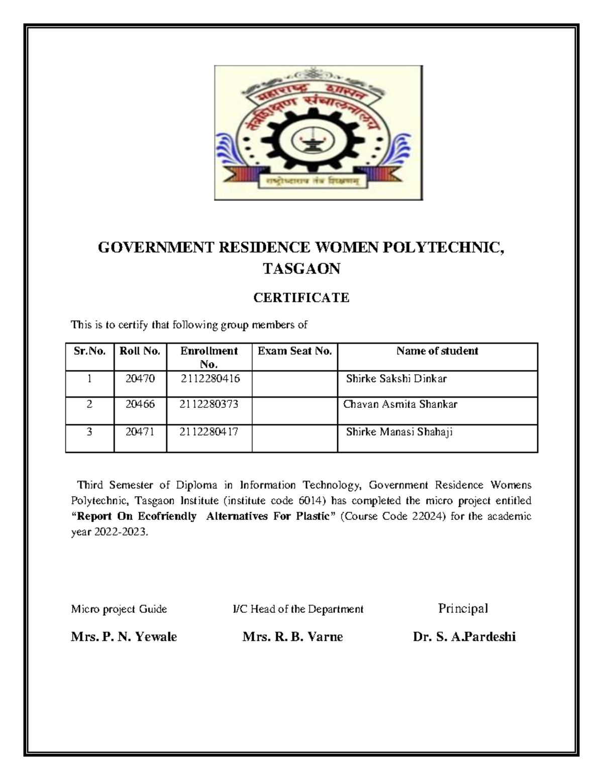 Group 15 EST MP - GOVERNMENT RESIDENCE WOMEN POLYTECHNIC, TASGAON ...