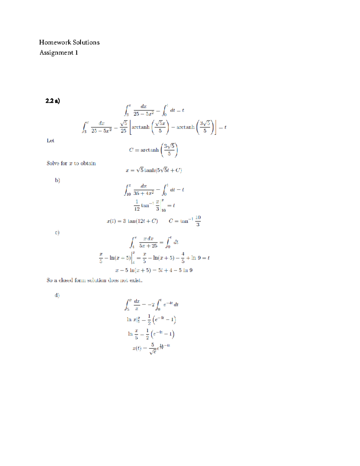 Homework 1 Solutions - d) Homework Solutions Assignment 1 2 a) Let C = Solve for x to obtain x ...