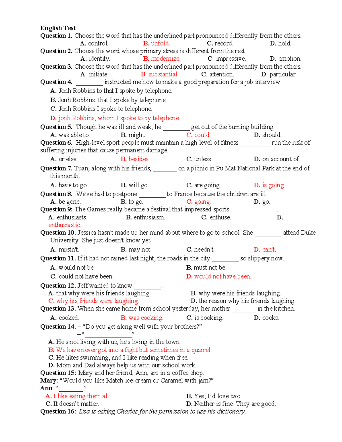 English Test 9 - zdfhbzFbb bxfbdfbfd - English Test Question 1. Choose ...