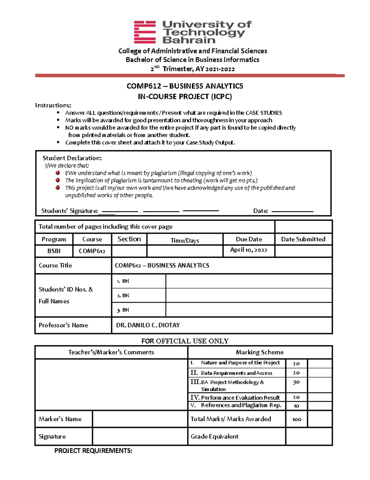 COMP612 ICPC QP Coverpg 20212-1 - Bachelor of Science in Business ...
