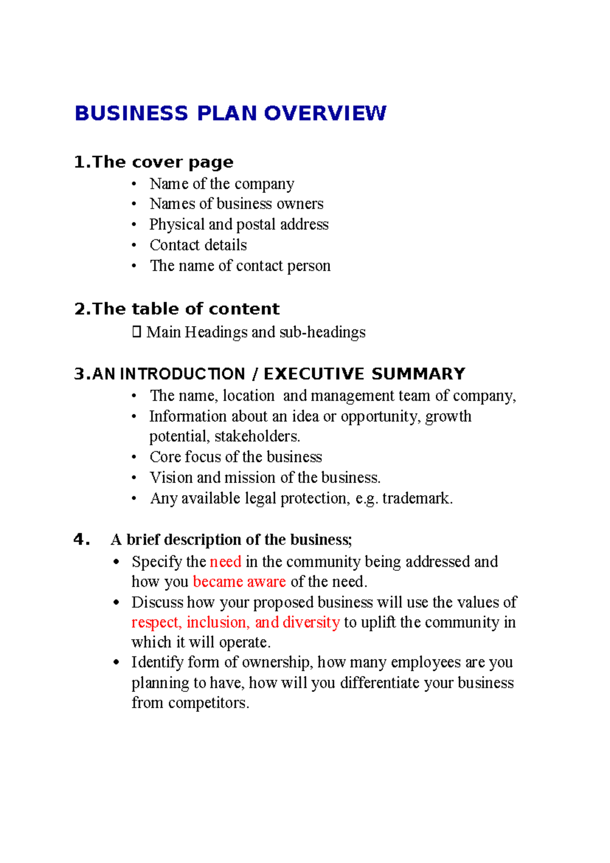 Business Plan Overview-HBU1d 2 - BUSINESS PLAN OVERVIEW 1 cover page ...