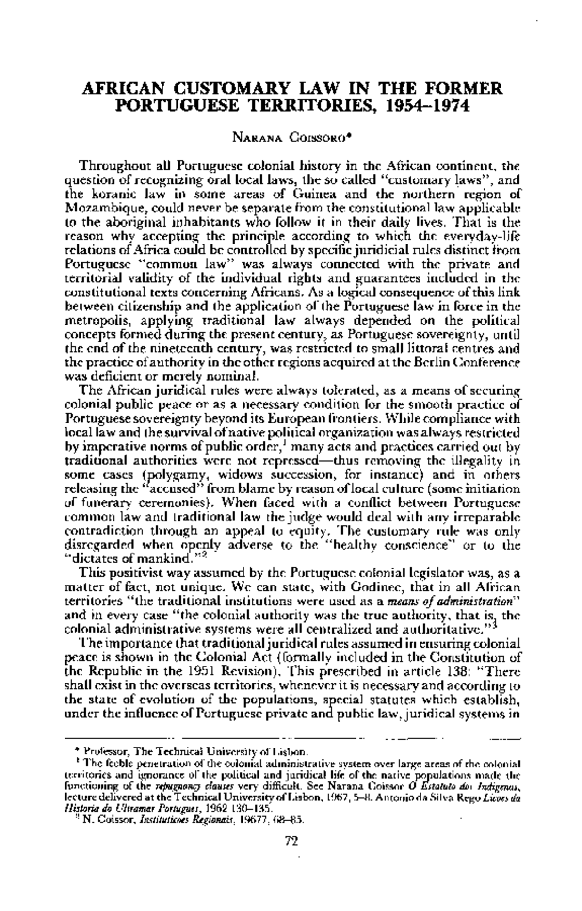 African customary Law in the Former Portuguese Teritories, Coissoro ...
