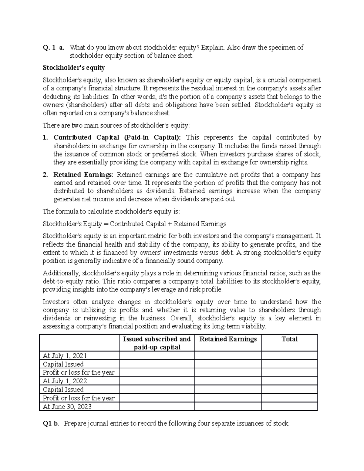 8418 Assignment 2 - Q. 1 a. What do you know about stockholder equity? Explain. Also draw the ...