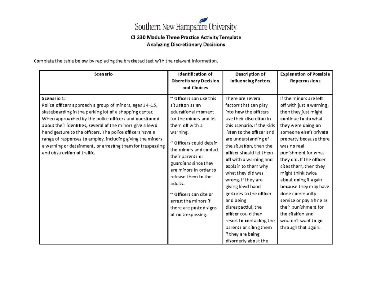 CJ 230 Module Three Practice Activity - Scenario Identification of ...