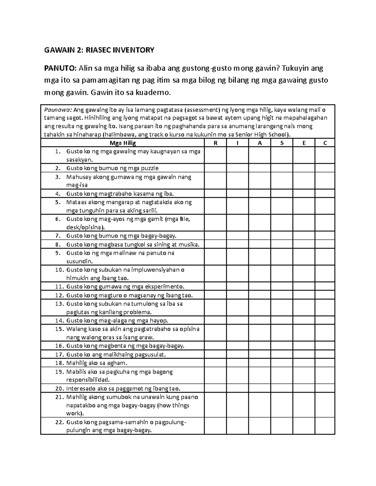 Riasec - nothing. - GAWAIN 2: RIASEC INVENTORY PANUTO: Alin sa mga ...