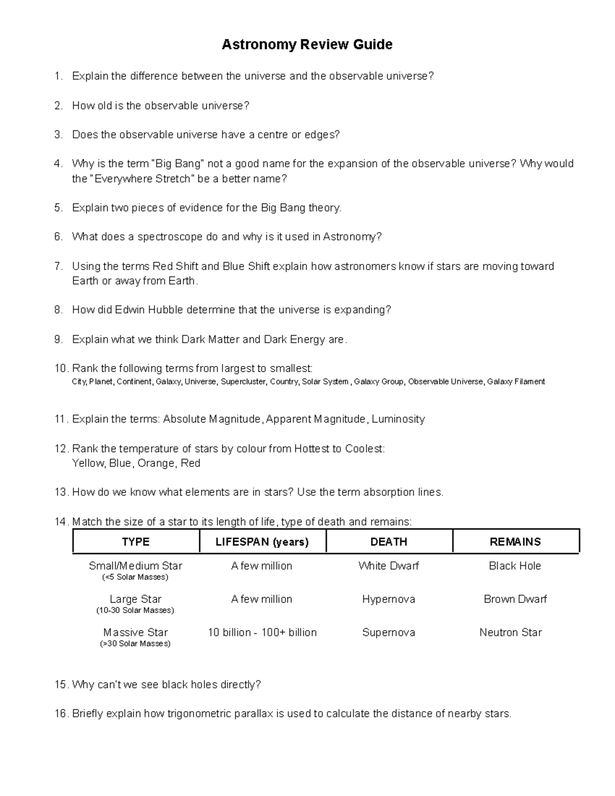 Copy of Astronomy Review - Astronomy Review Guide Explain the ...