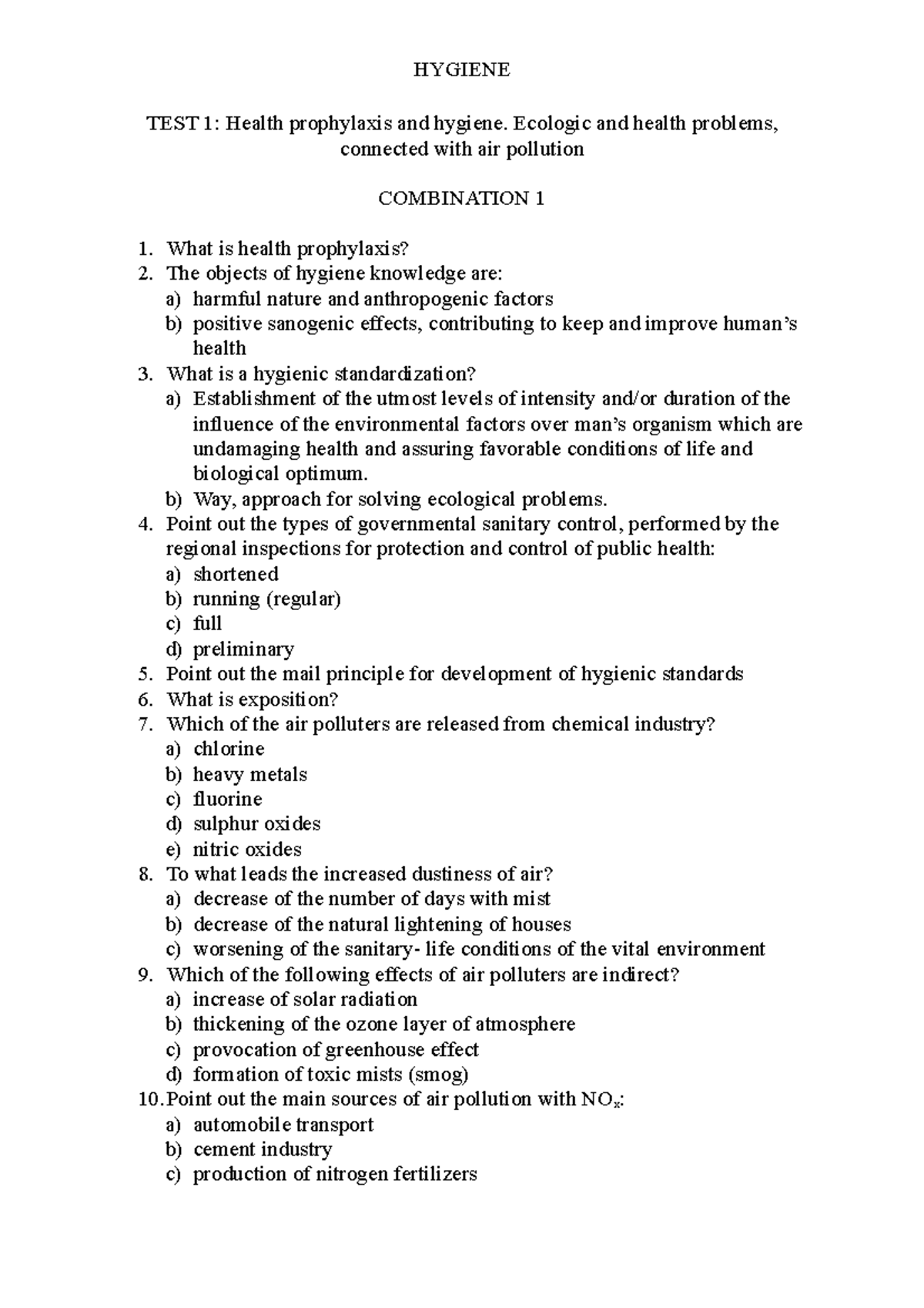 Hygiene | Test 1 - TEST 1: Health prophylaxis and hygiene. Ecologic and ...