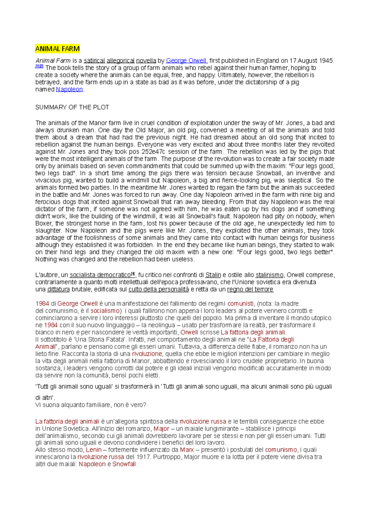 Inglese - ANIMAL FARM Animal Farm is a satirical allegorical novella by ...