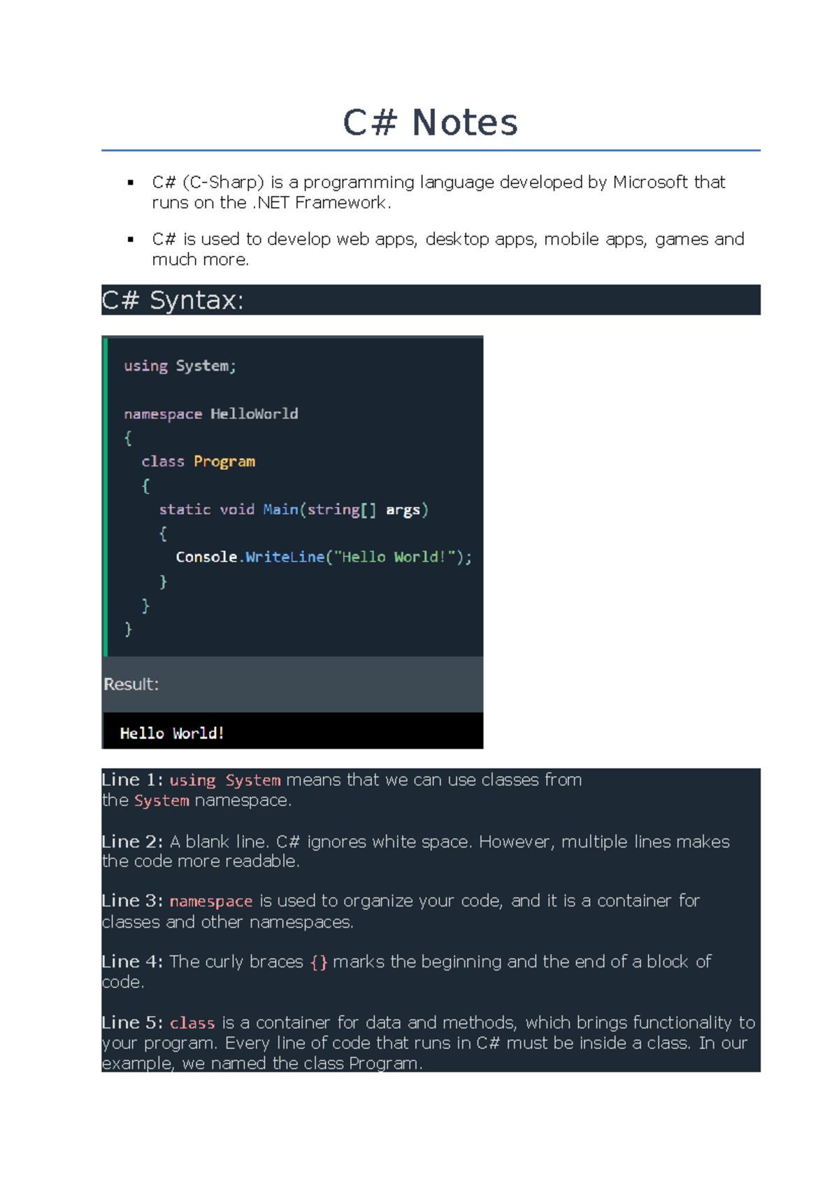 C# Notes - C# Notes C# (C-Sharp) is a programming language developed by ...