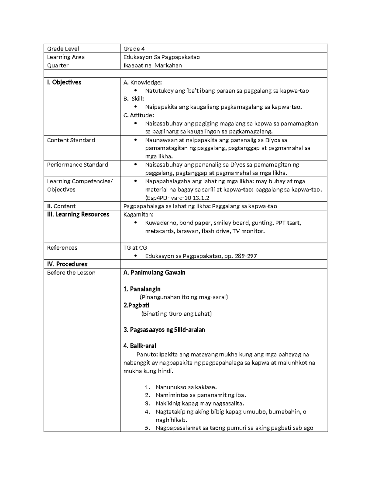 LP-ESP-4 - Dlp - Grade Level Grade 4 Learning Area Edukasyon Sa Pagpapakatao Quarter Ikaapat na ...