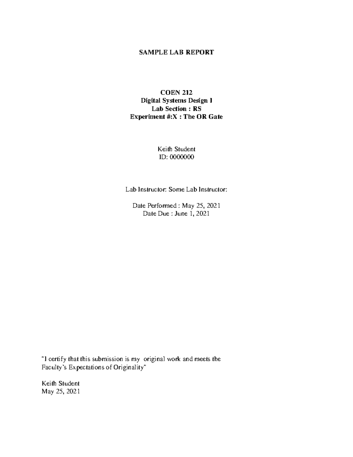 Sample LAB Report WITH Title - SAMPLE LAB REPORT COEN 212 Digital ...