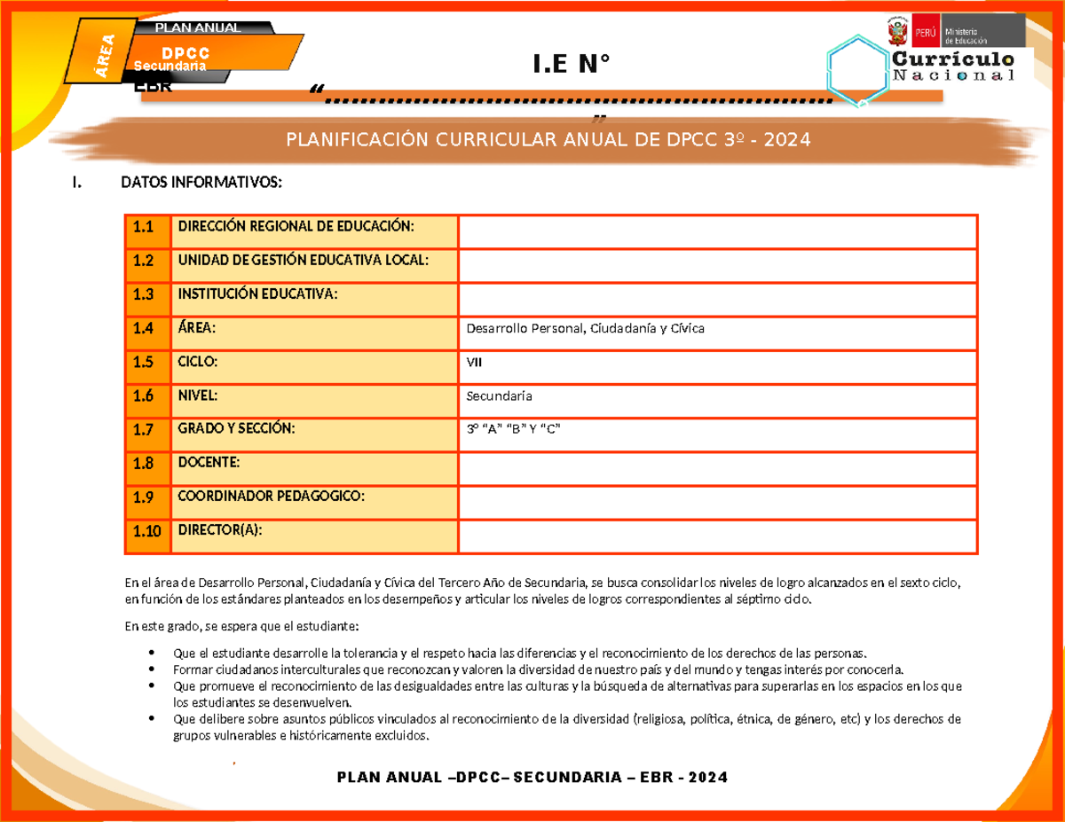 P.A DPCC 3° - 2024 - DPCC ÁREA Secundaria EBR 3 ° I N° - Studocu