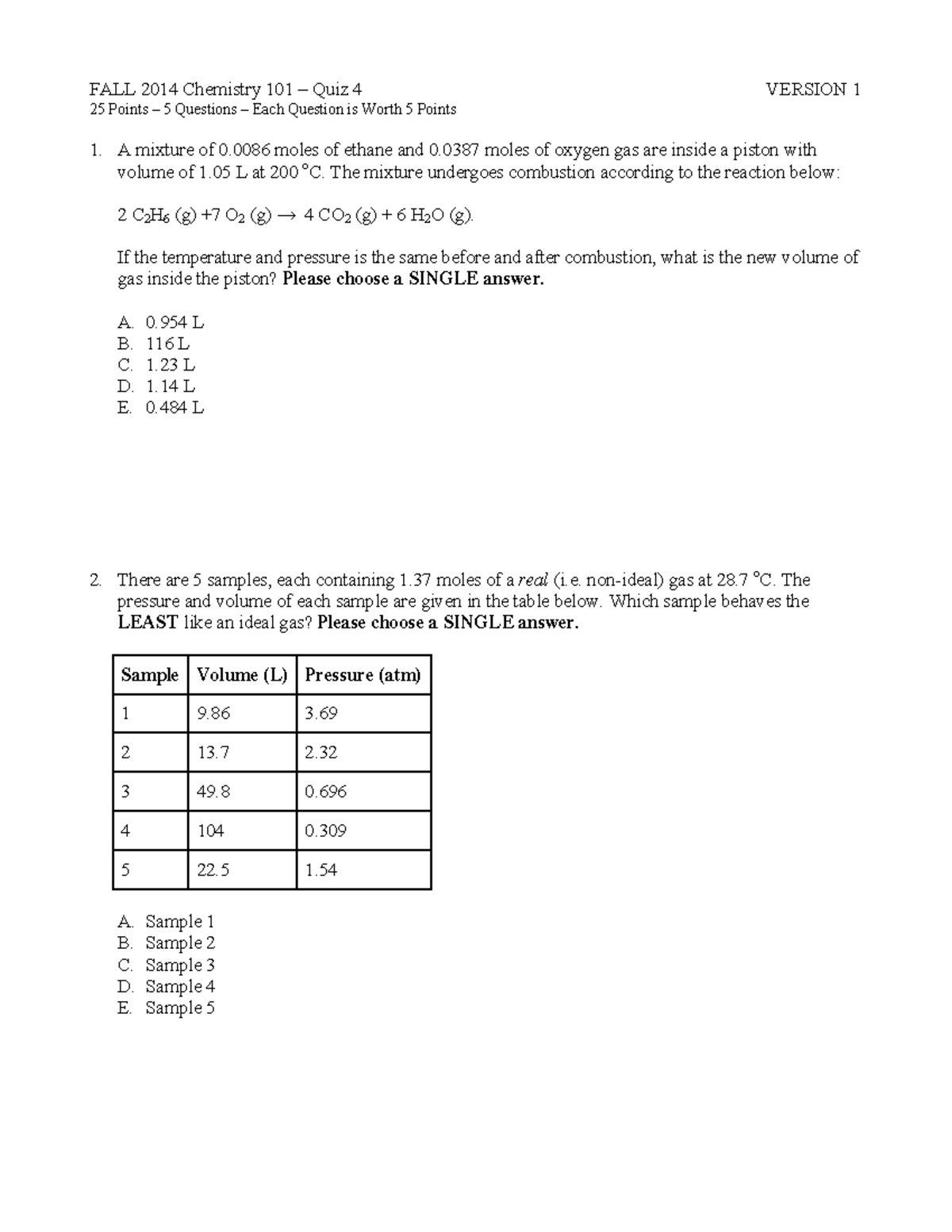 Quiz 4 - quiz 4 questions - FALL 2014 Chemistry 101 – Quiz 4 VERSION 1 ...