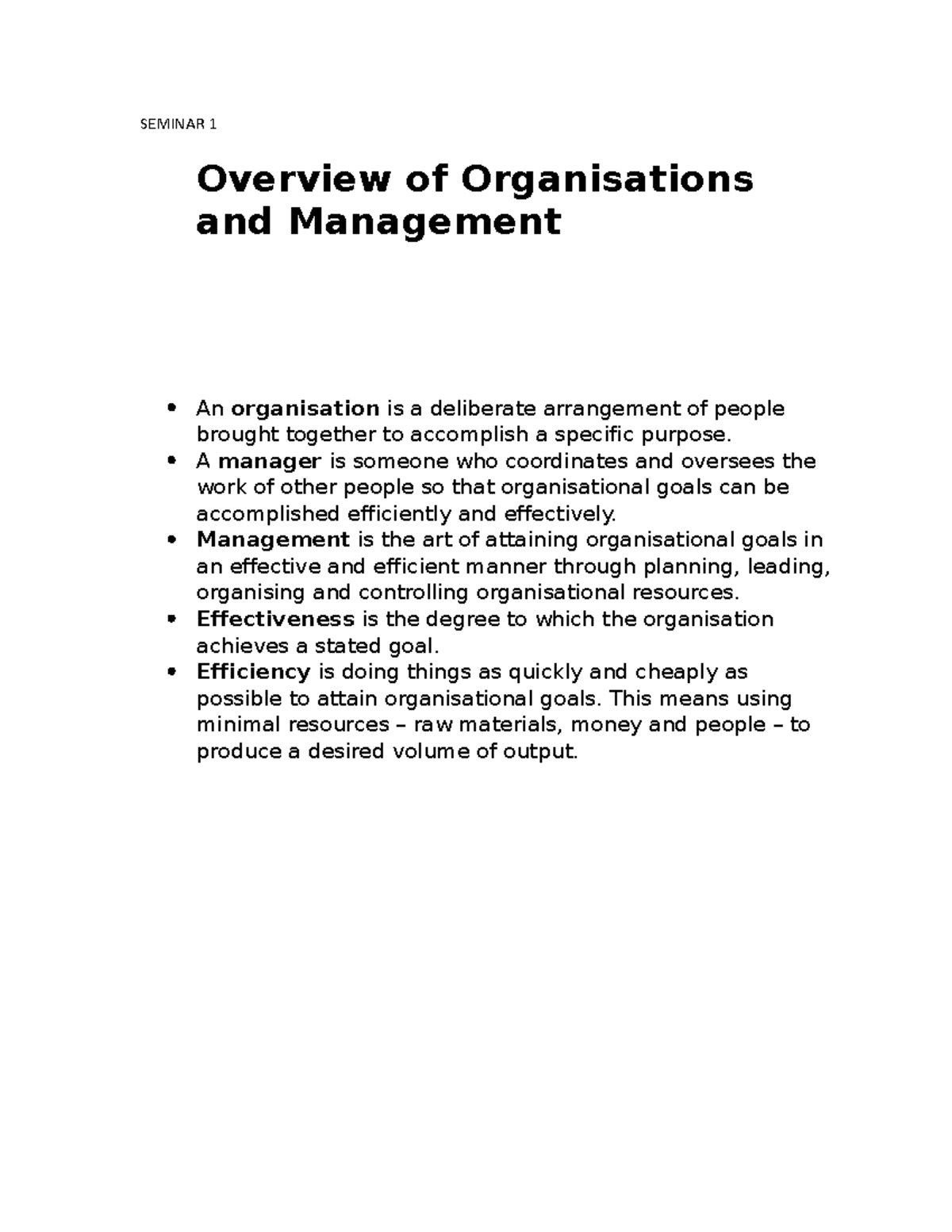 MGTS1301 Seminar notes - SEMINAR 1 Overview of Organisations and ...
