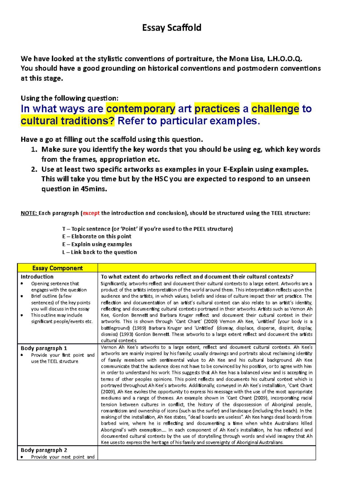 TEEL - Essay Scaffold annotated Duchamp, da Vinci, Manet - Essay ...