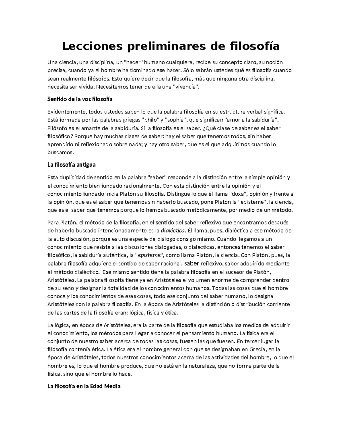 Lecciones preliminares de filosofía - Lecciones preliminares de filosofía Una ciencia, una - Studocu