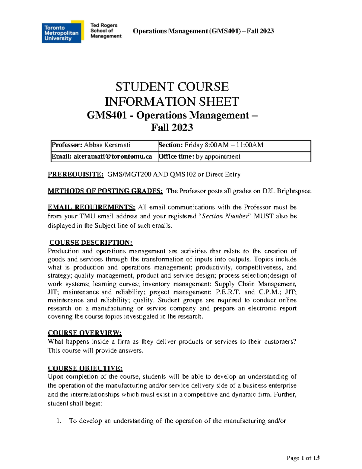 GMS401-Outline Fall 20231 - STUDENT COURSE INFORMATION SHEET GMS401 ...