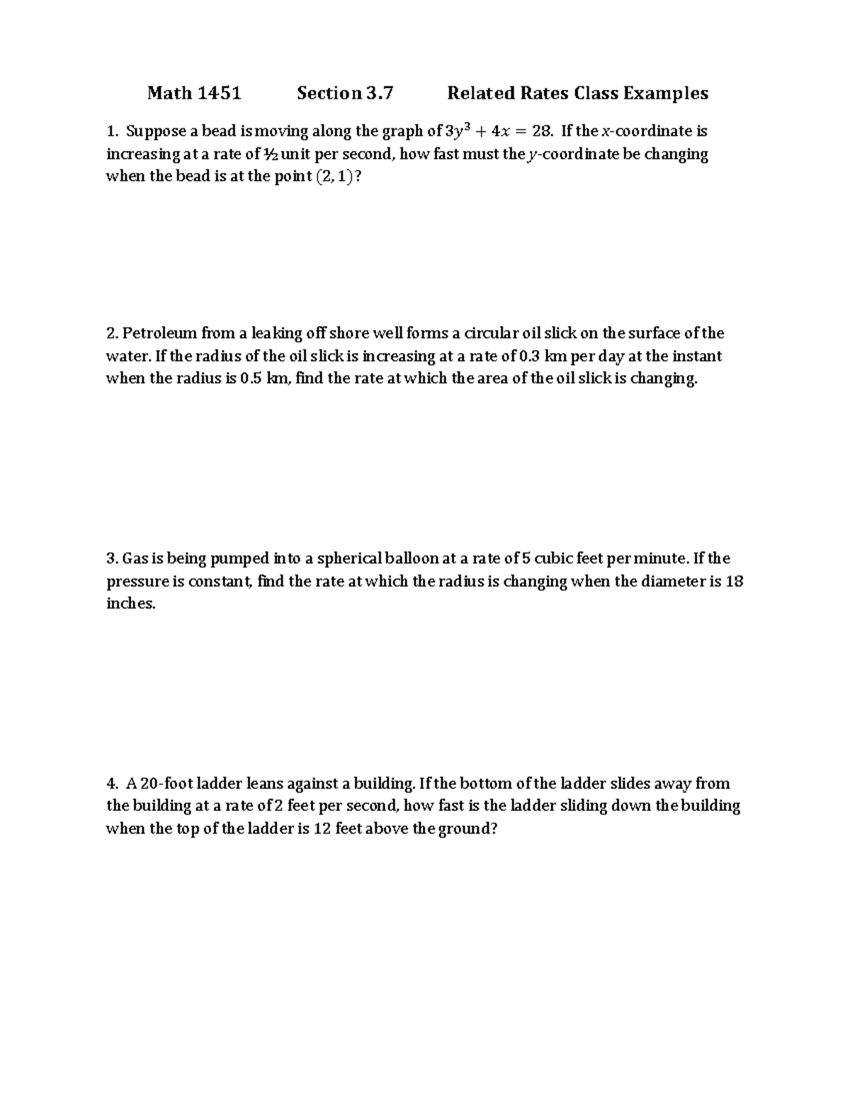 Related Rates Examples - Math 1451 Section 3 Related Rates Class ...