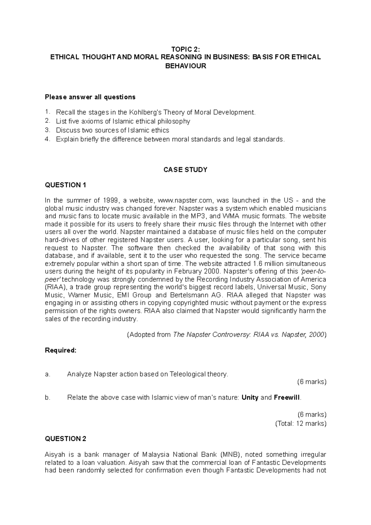 Chapter 2 Tutorial 2 QS PART 2 - TOPIC 2: ETHICAL THOUGHT AND MORAL ...