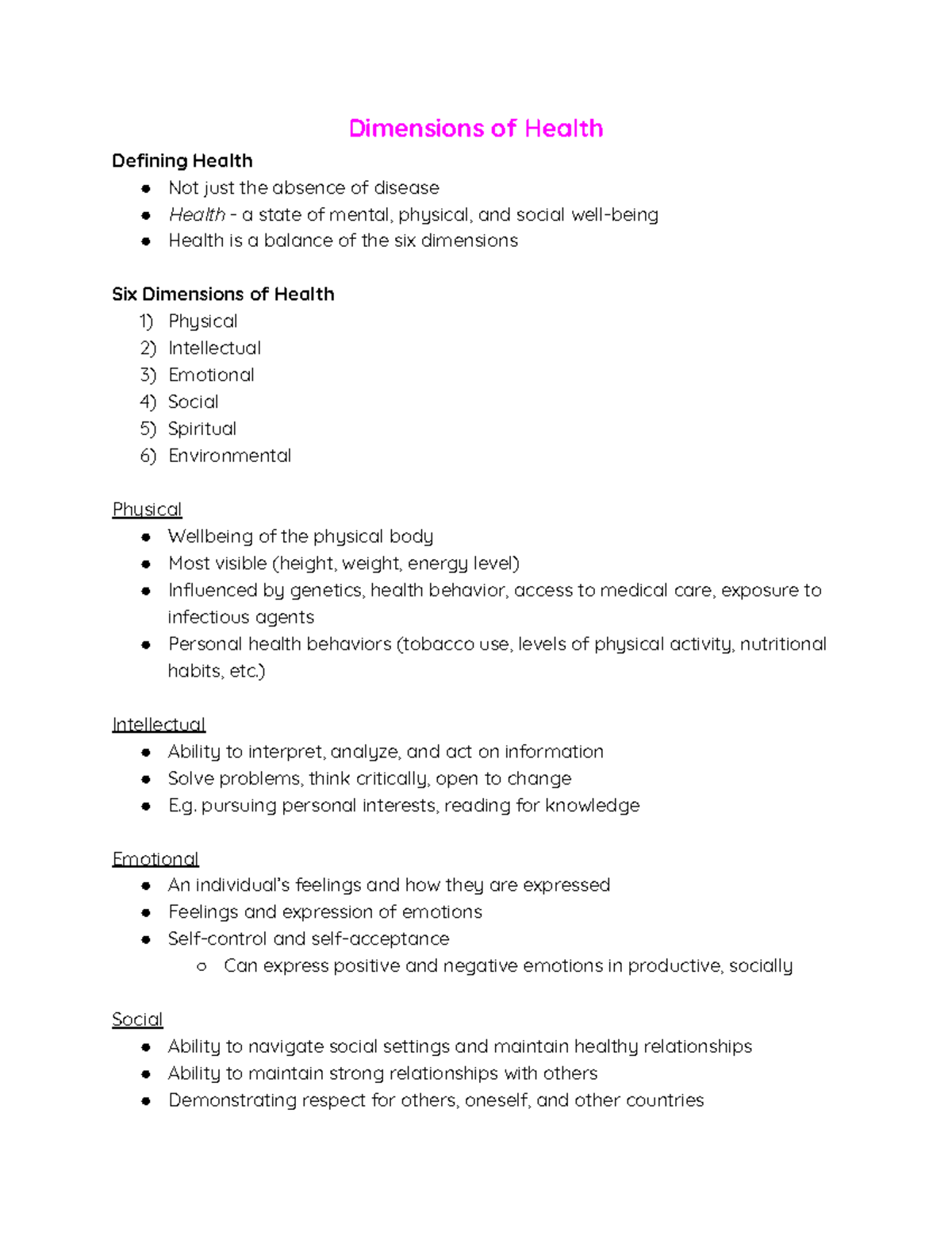 Dimensions of Health Notes - Dimensions of Health Defining Health Not ...