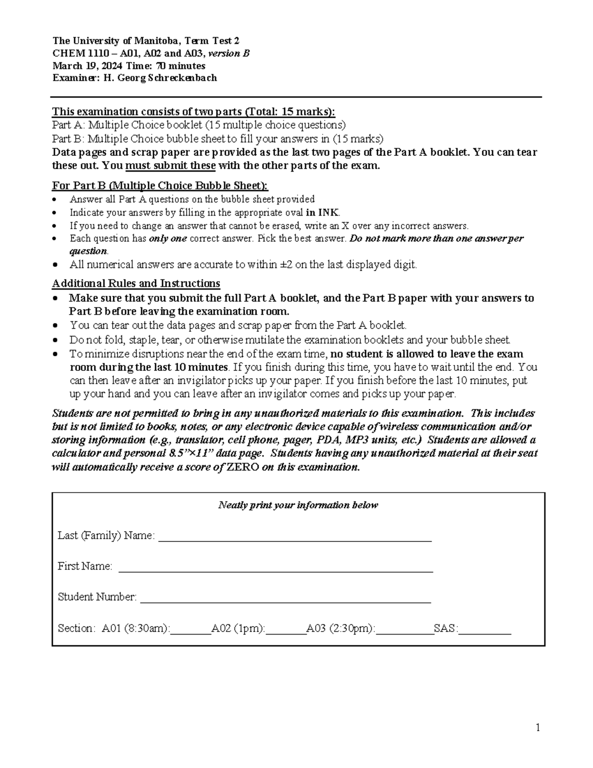 TT2 group B - test - CHEM 1110 – A01, A02 and A03, version B March 19 ...