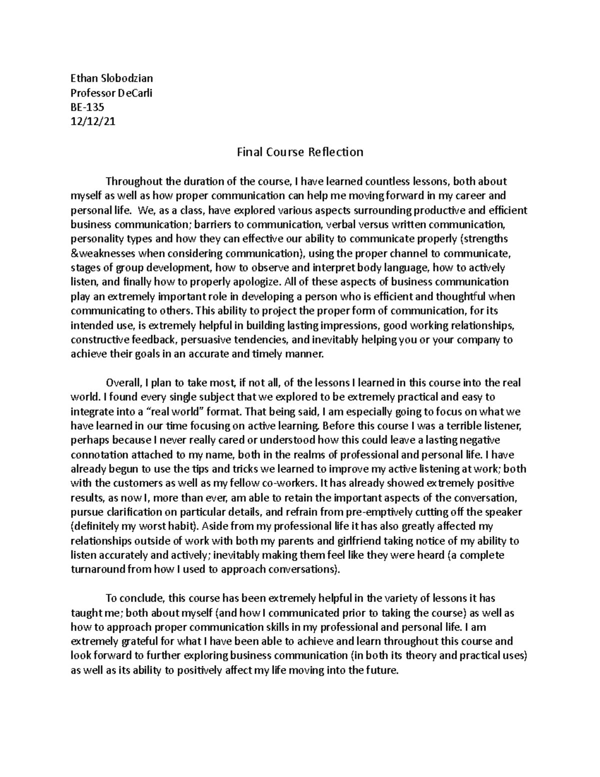 Final Course Reflection - Ethan Slobodzian Professor DeCarli BE- 12/12 ...