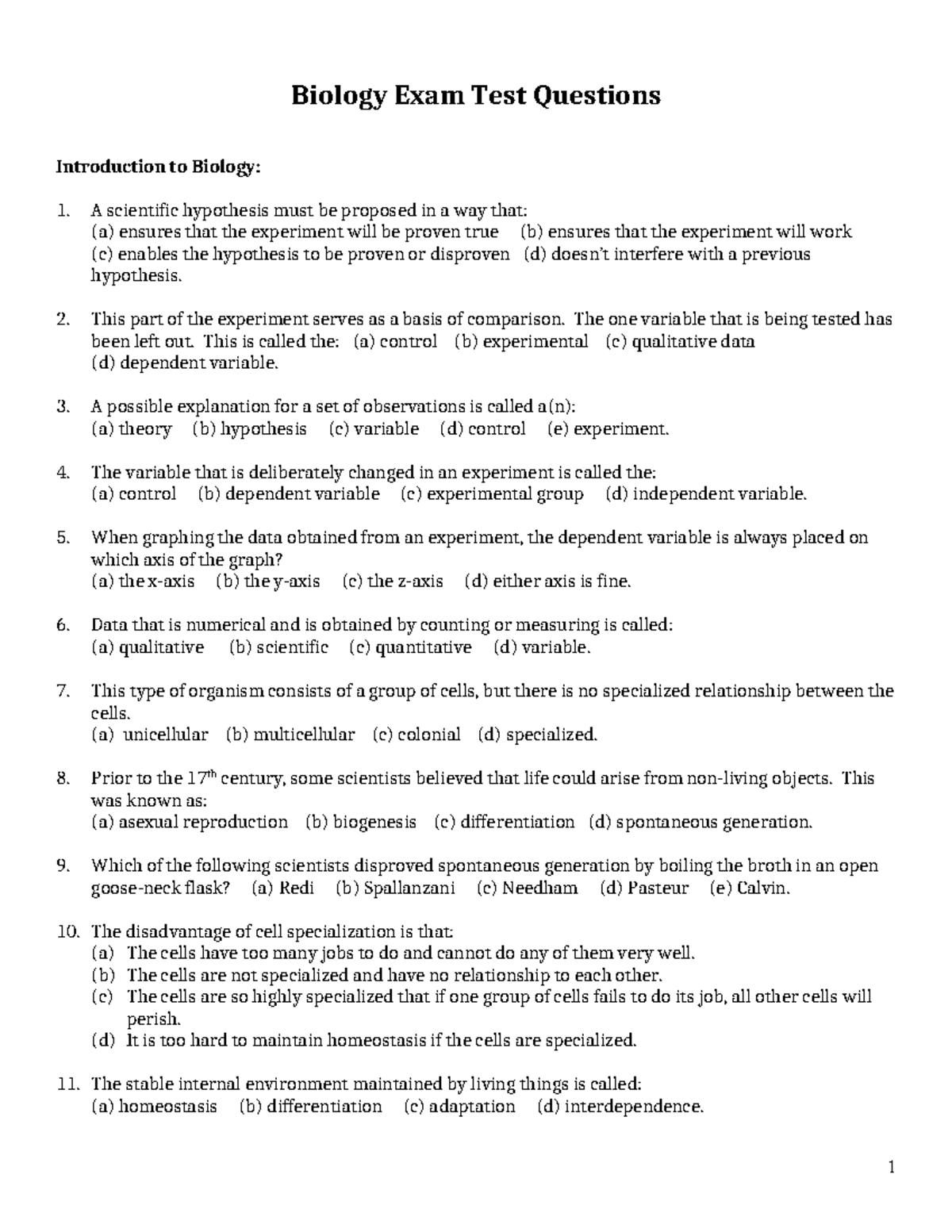 Biology Exam Test Bank - Biology Exam Test Questions Introduction to ...