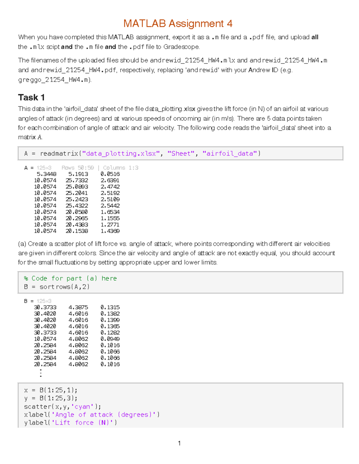 Ccwallac 21254 HW4 - Linear algebra coding, involves creating matrices ...