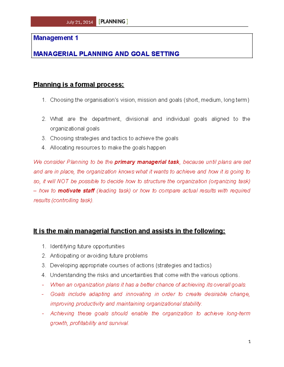 Unit 5 - Managerial Planning and Goal Setting A - Management 1 ...