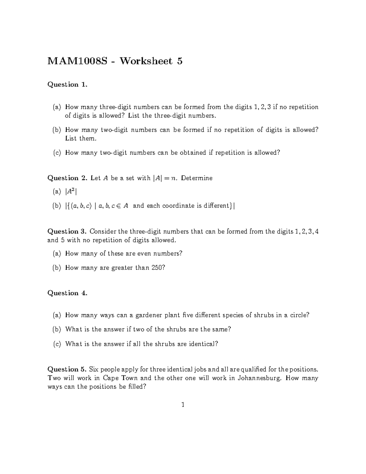 Worksheet 5 BASIC COMBINATORICS PRACTICCE QUESTIONS MAM1008S 