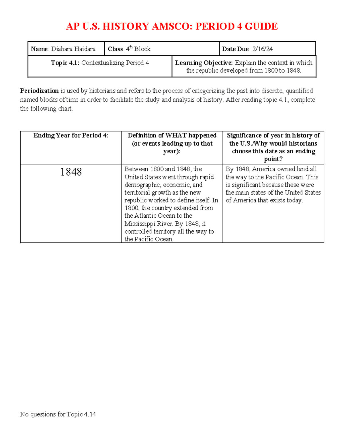 Amsco Unit 4 2021 Reading Guide - Name: Diahara Haidara Class: 4th ...