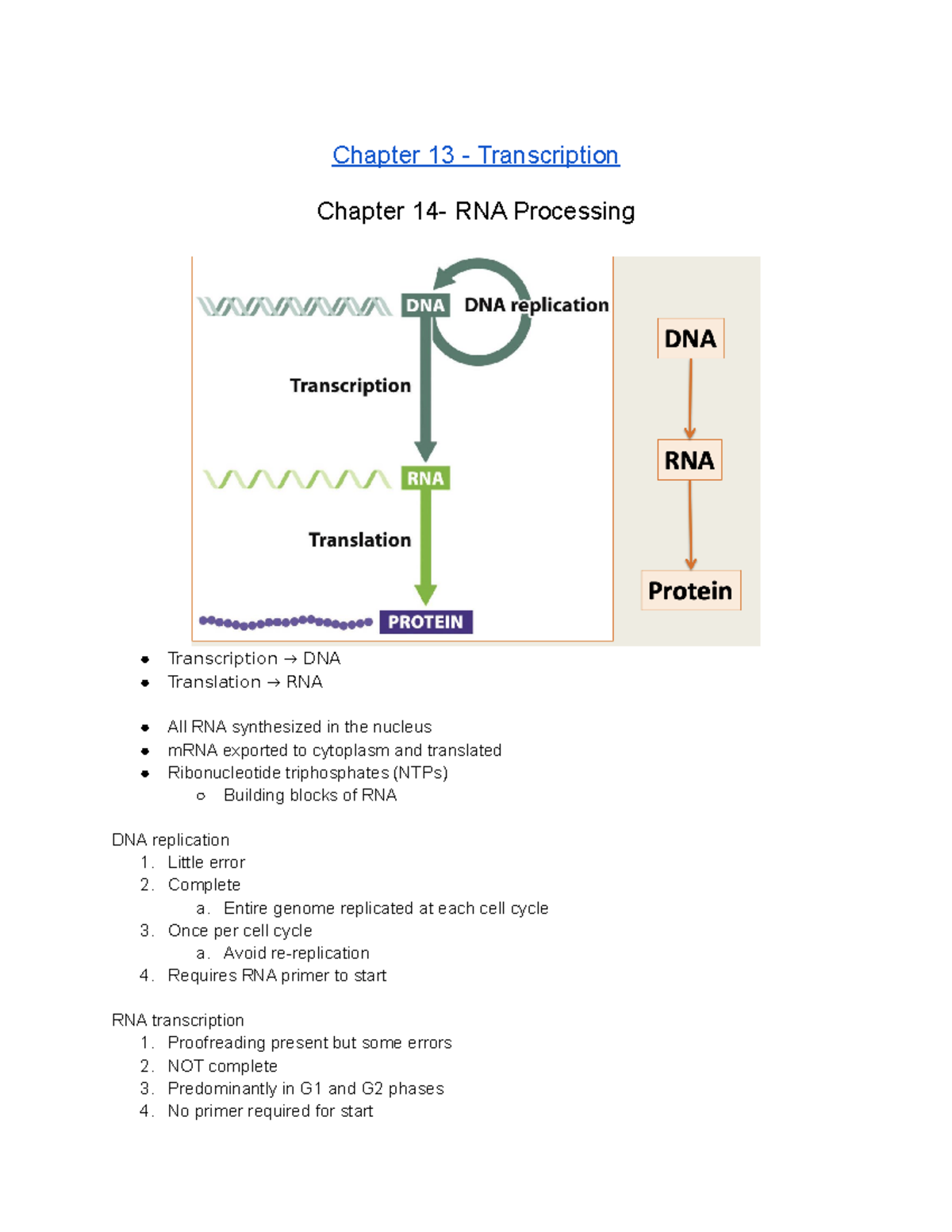 Chapter 13 14 (Transcription and RNA processing) - Chapter 13 ...