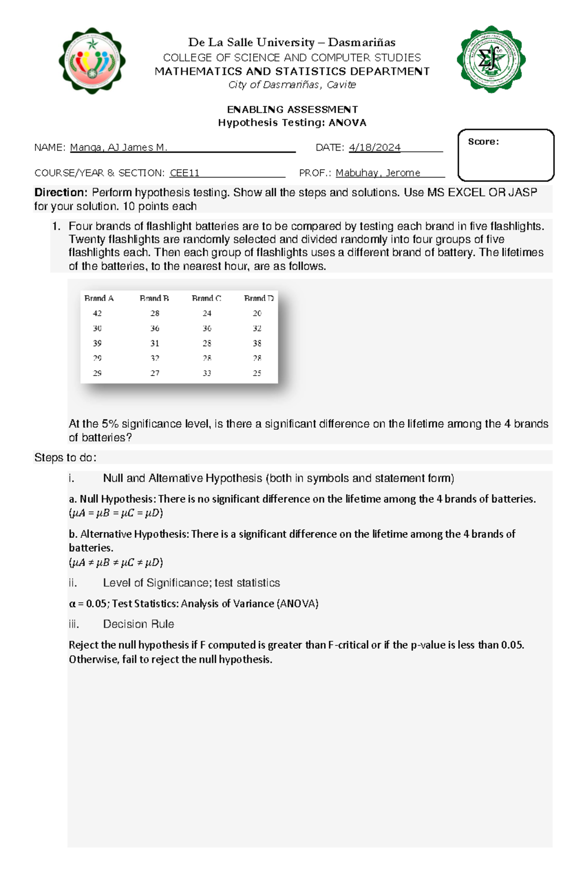 Enabling assessment in Anova - De La Salle University – Dasmariñas ...