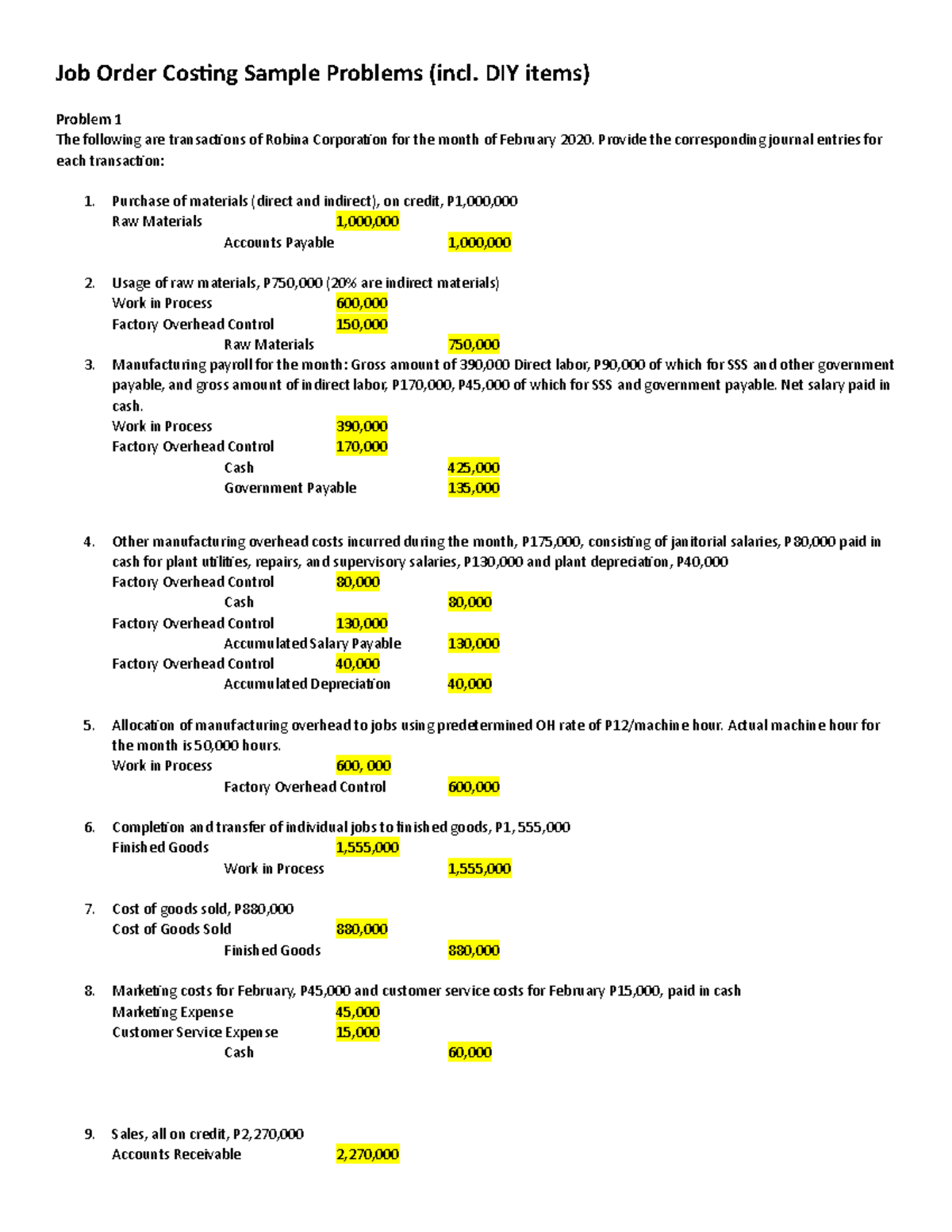 Job Order Costing including DIY - Job Order Costing Sample Problems ...