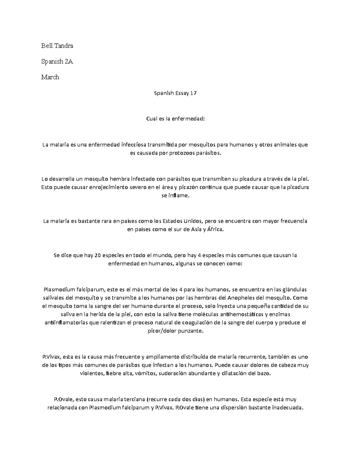 Spanish 2B Essay seventeen - Bell Tandra Spanish 2A March Spanish Essay ...